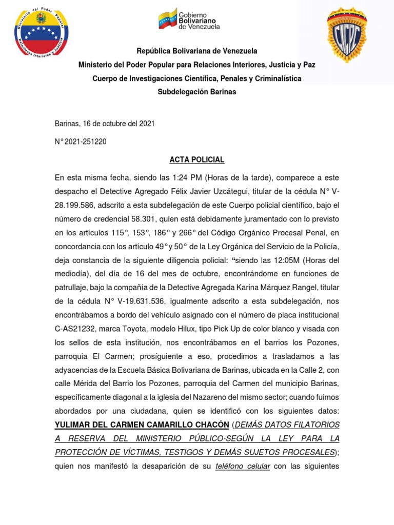 Acta Policial e Inspección Técnica - Actas de Investigación | PDF | Justicia | Crimen y violencia