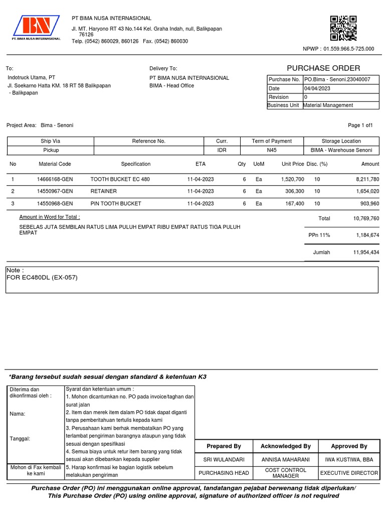 Purchase Order: Note: FOR EC480DL (EX-057) | PDF