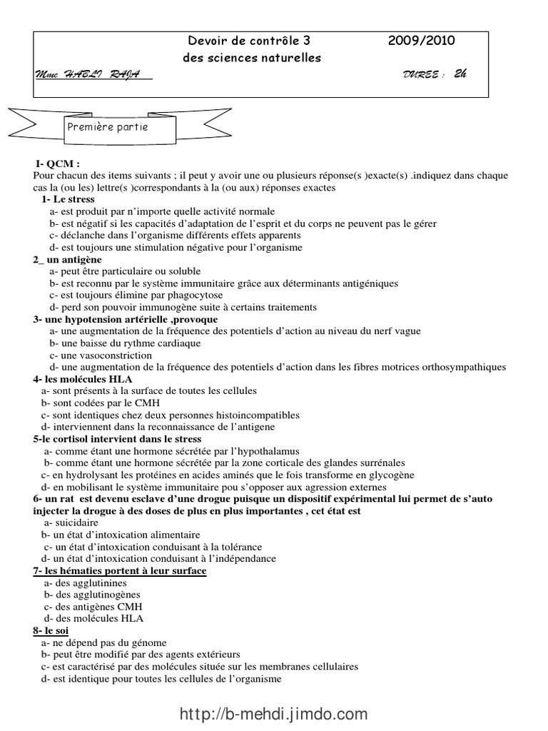 Devoir de Contrôle N°3 (Avec Correction) - Sciences Naturelles - Bac SC Exp (2009-2010) Mme Raja ...