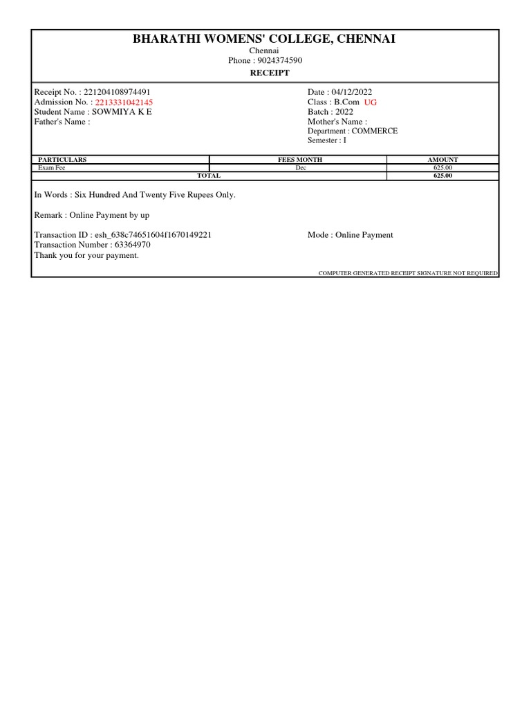 Bharathi Womens' College, Chennai: Receipt | PDF