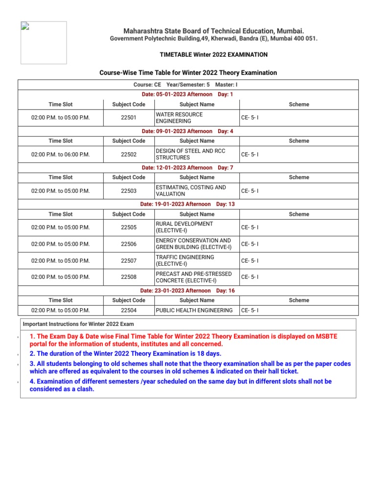 Time Table For Winter 2022 Theory Examination | PDF