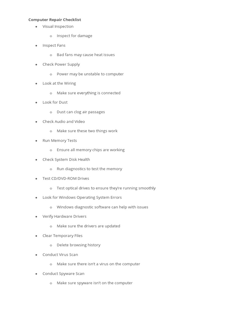 Computer Repair Checklist | PDF