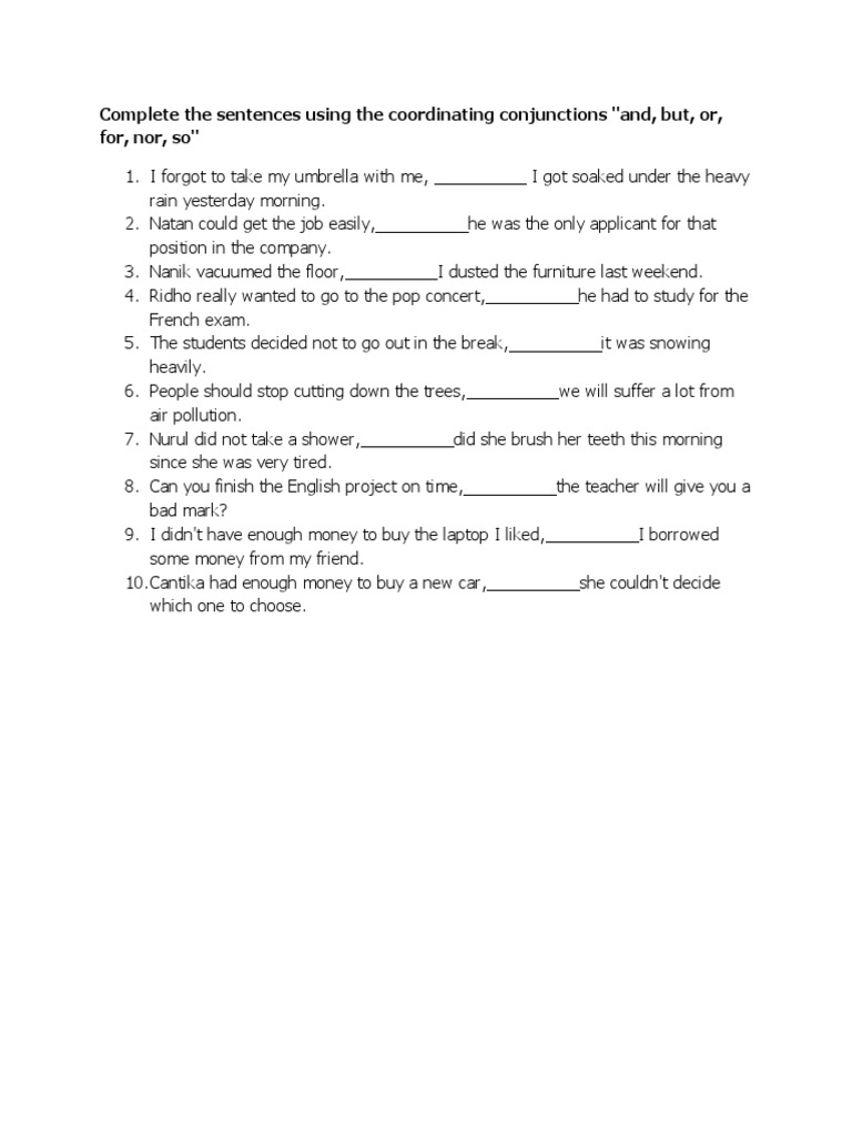 Coordinating Conjunctions Exercise | PDF