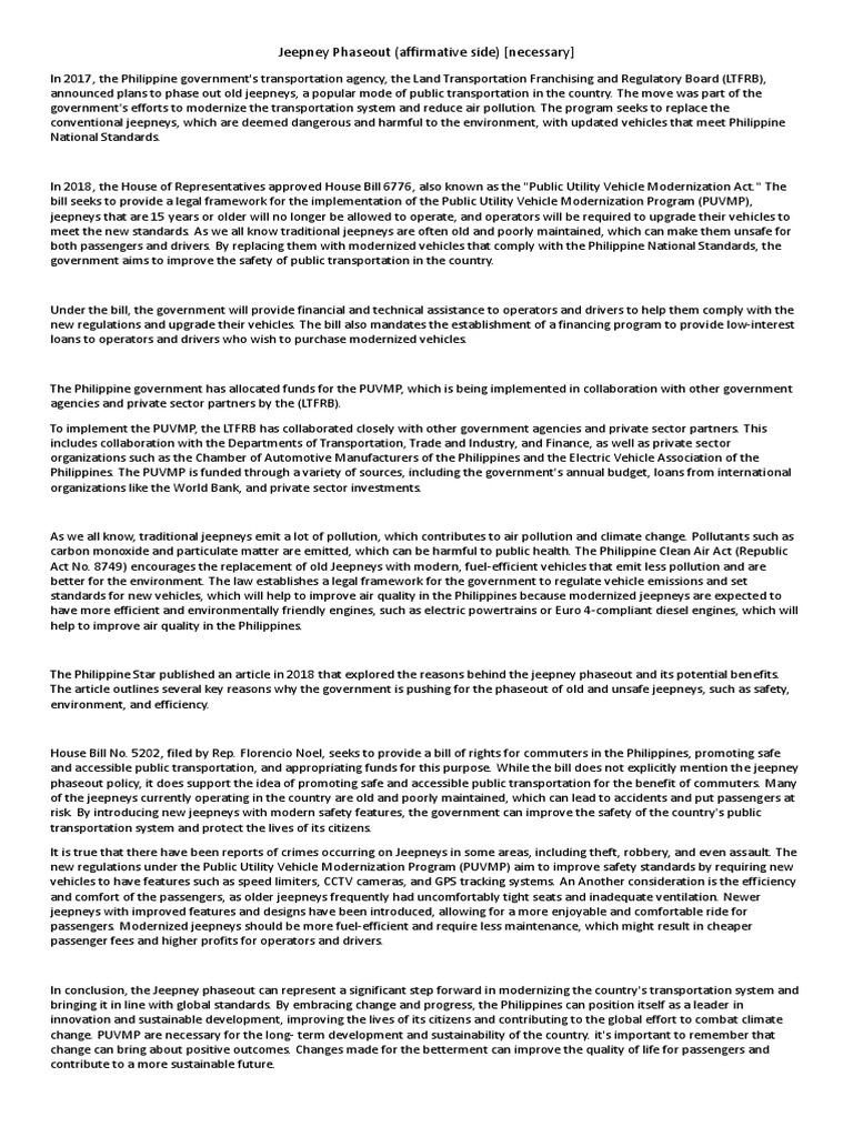 Jeepney Phaseout (Affirmative Side) (Necessary) | PDF | Air Pollution ...