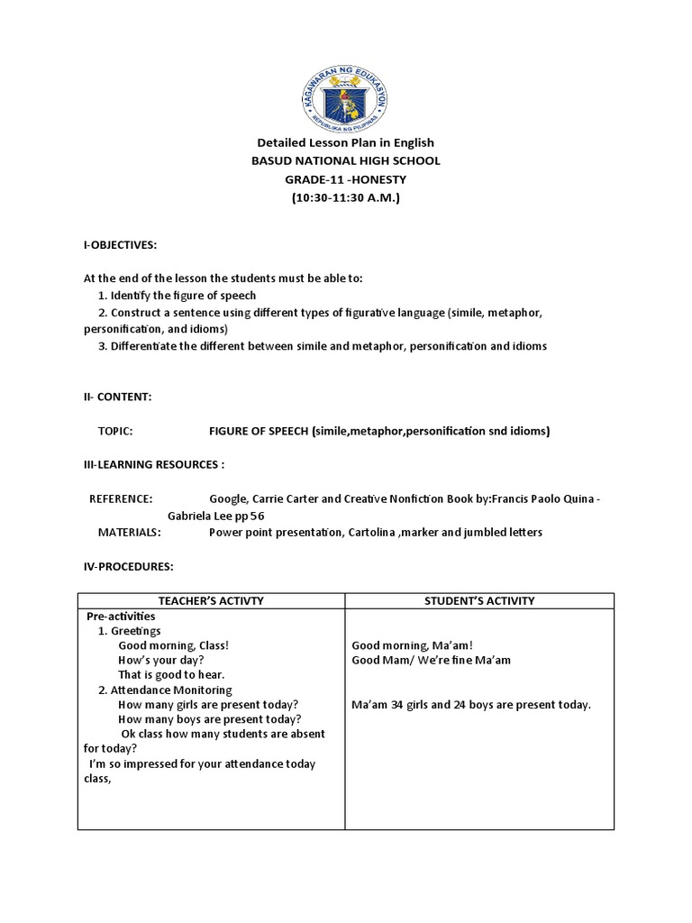 Grade 11 Figures of Speech Lesson Plan | PDF | Metaphor | Idiom