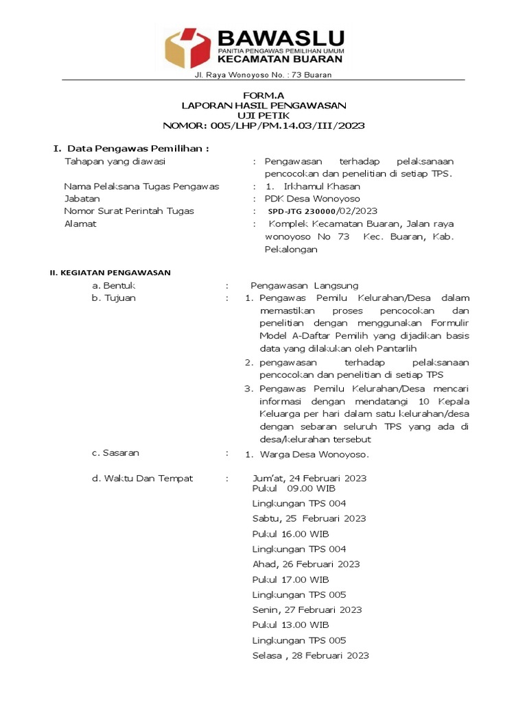 FORM A Pengawasan Uji Petik | PDF