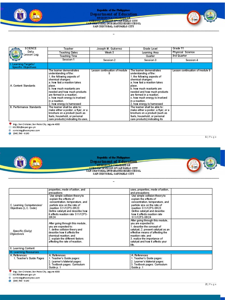 DLP For SHS 7 E's Physical Science 8 | PDF | Reaction Rate | Catalysis