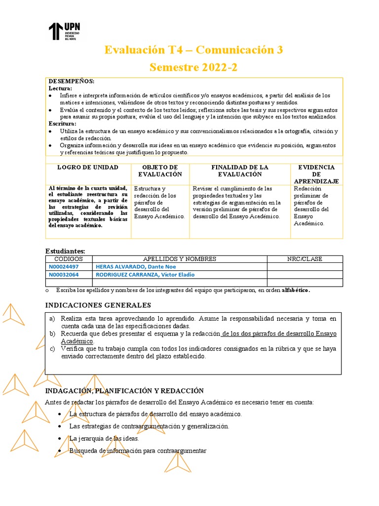 Evaluación T4 - Comunicación 3 Semestre 2022-2: Desempeños: Lectura | PDF | Ensayos | Sicología