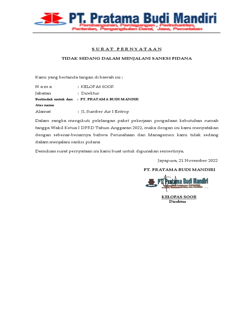 Surat Pernyataan Tidak Sedang Dalam Menjalani Sanksi Pidana | PDF