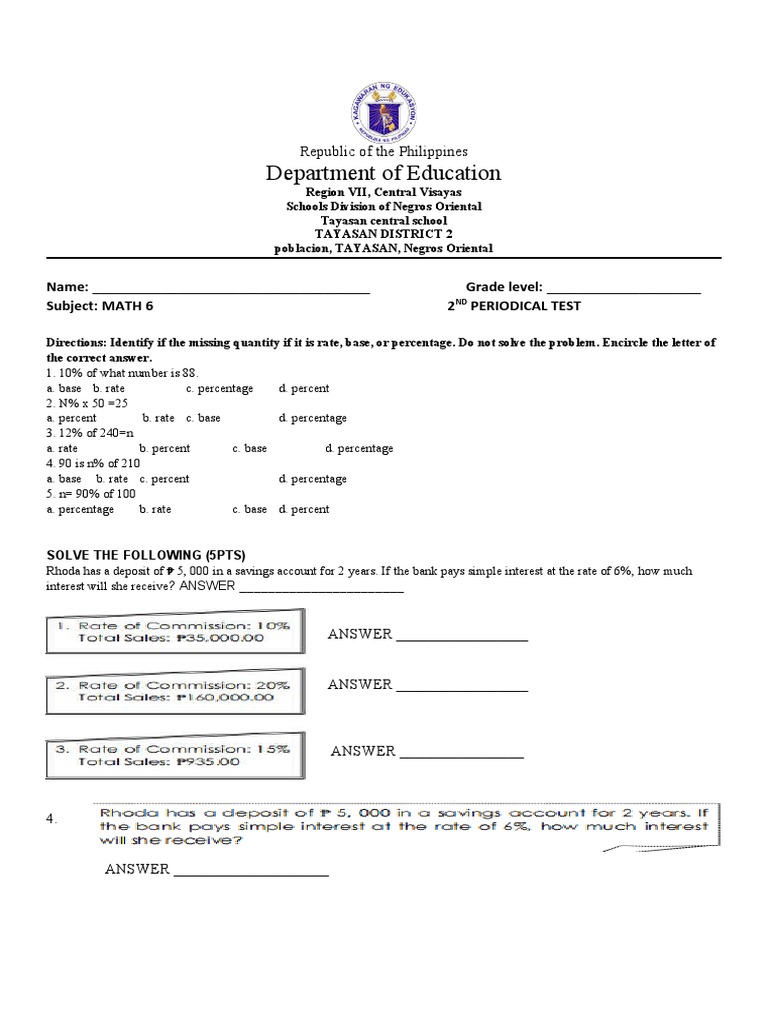 2ND Periodical Test Math 6 | PDF