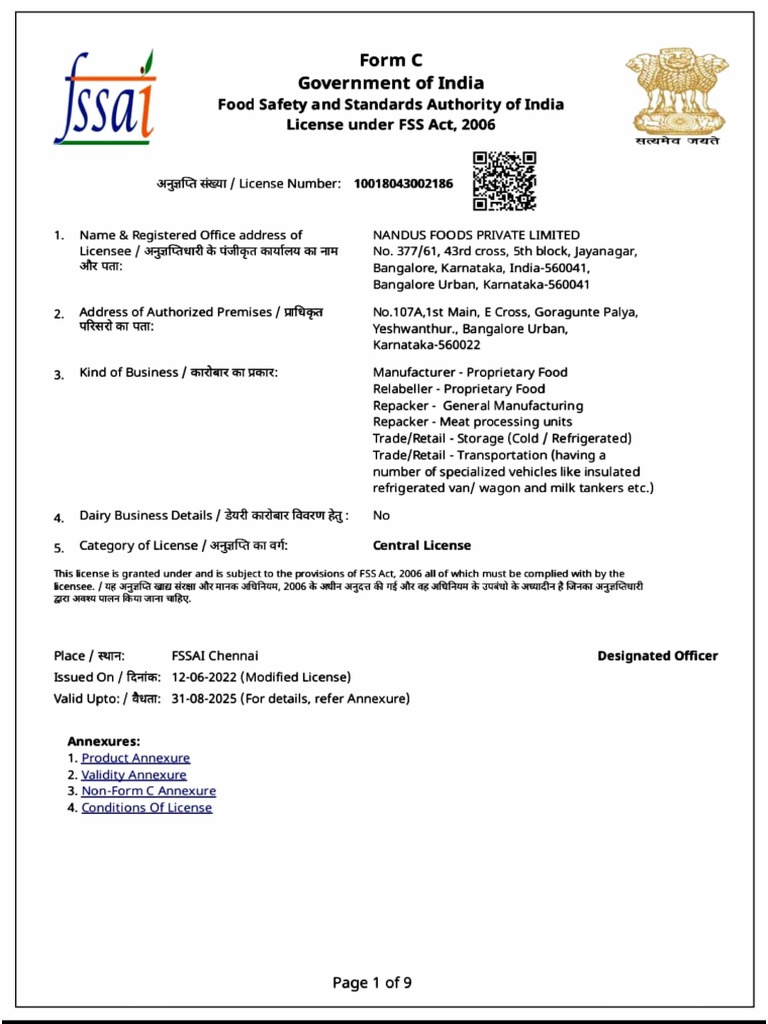 Nandus Foods FSSAI License | PDF