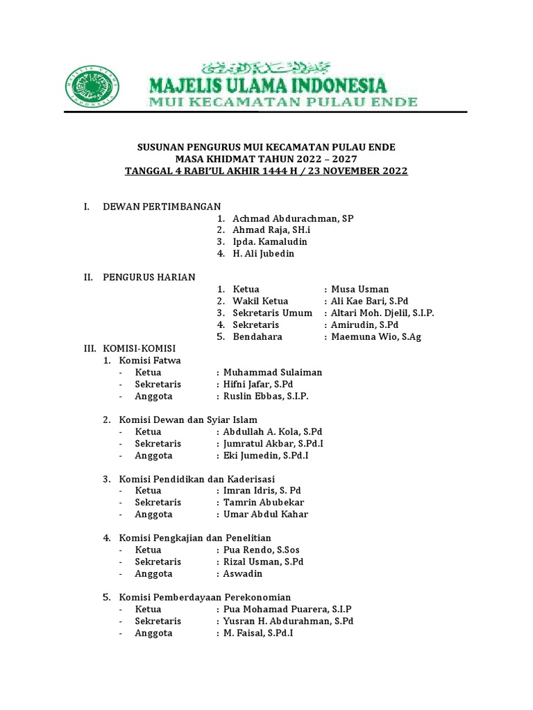 Susunan Pengurus MUI Kecamatan Pulau Ende Periode 2022-2027 | PDF Susunan Pengurus MUI Kecamatan Pulau Ende Periode 2022-2027 | PDF