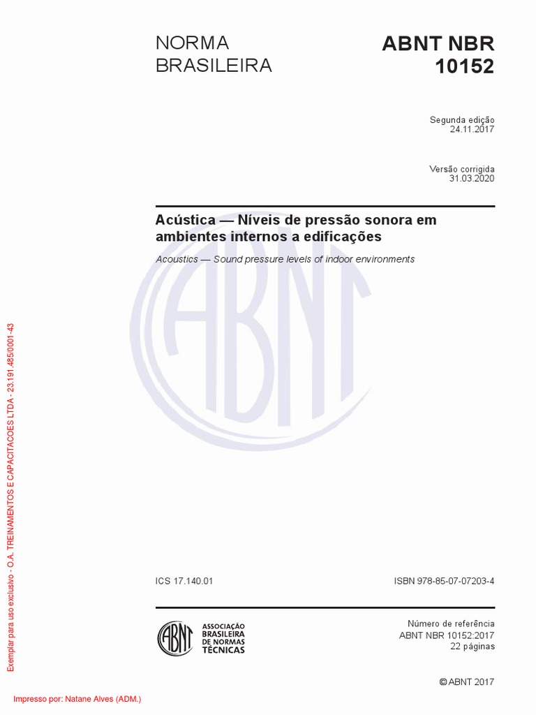 ABNT NBR 10152 2017 Versão Corrigida 2020 | PDF | Decibel | Acústica
