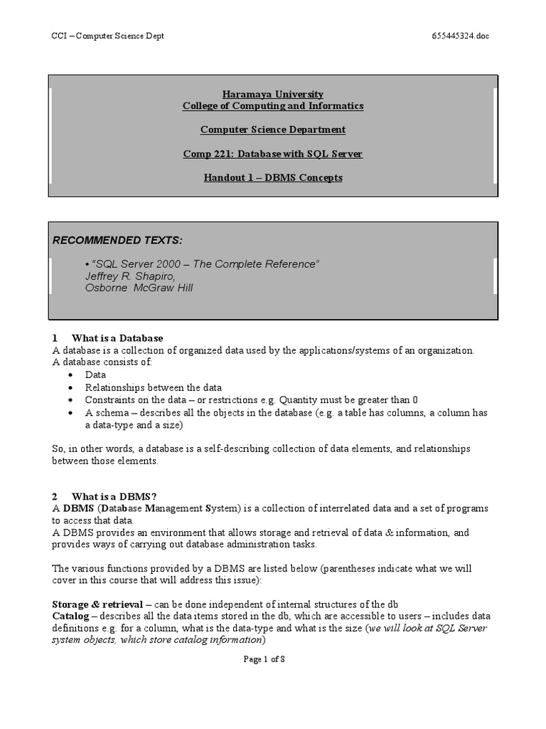 Handout 1 - DBMS Concepts | PDF | Relational Database | Databases