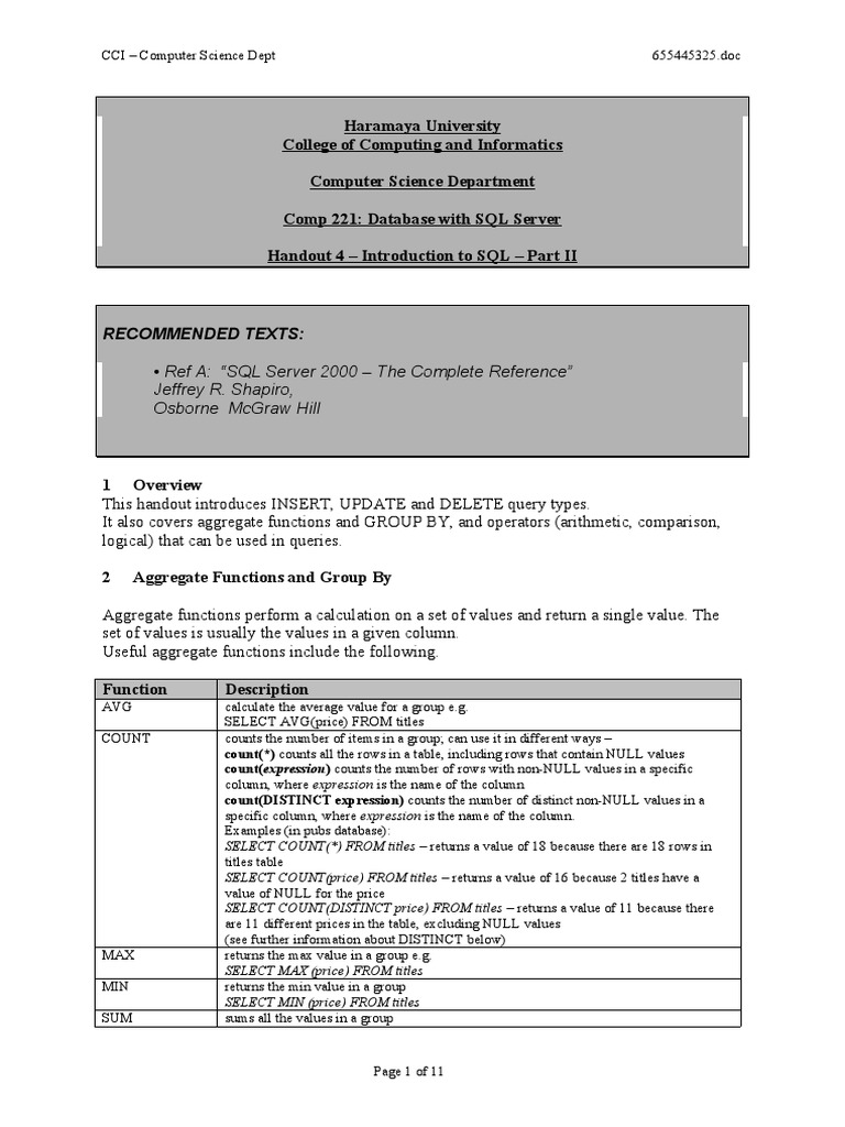 Handout 4 Introduction To Sql Part Ii Pdf Boolean Data Type Computing 2031