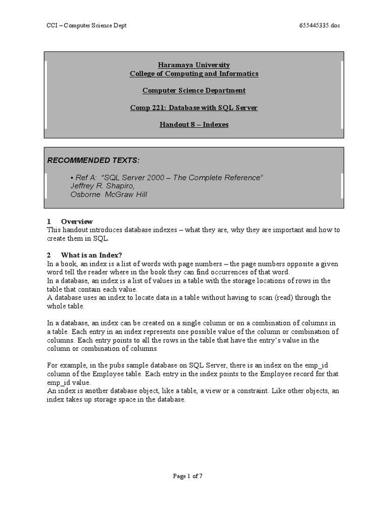 Handout 8 - Indexes | PDF | Database Index | Databases