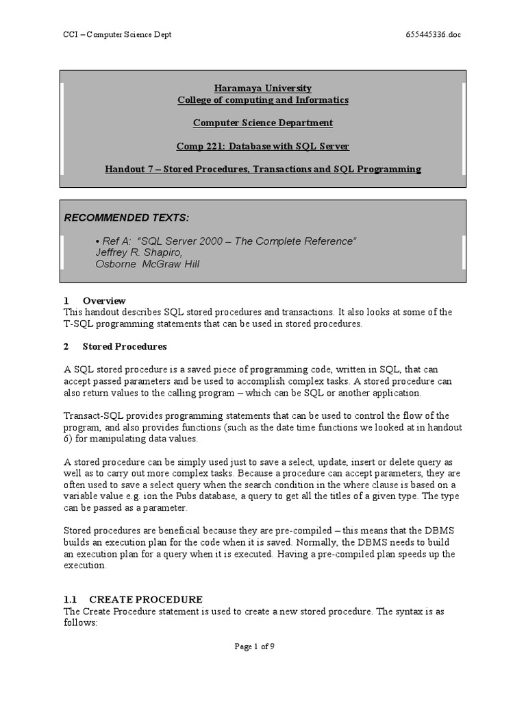 Handout 7 - Stored Procedures, Transactions and SQL Programming | PDF | Database Transaction ...