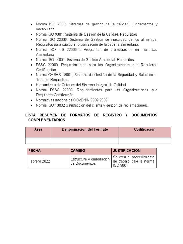 Lista Resumen de Formatos de Registro Y Documentos Complementarios Área Denominación Del Formato ...