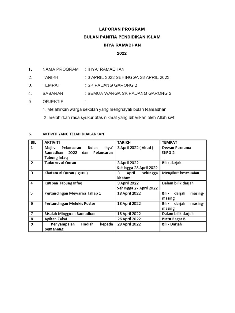 Laporan Program Bulan Panitia Pendidikan Islam Ihya Ramadhan 2022 | PDF