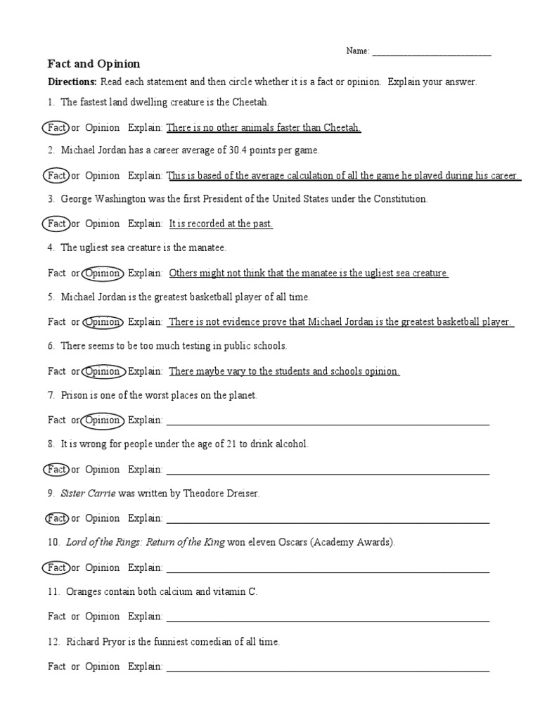 Fact and Opinion: Directions: Read Each Statement and Then Circle ...