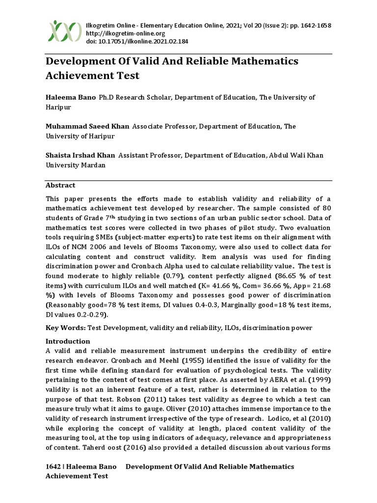 Development Of Valid And Reliable Mathematics Achievement Test | PDF ...