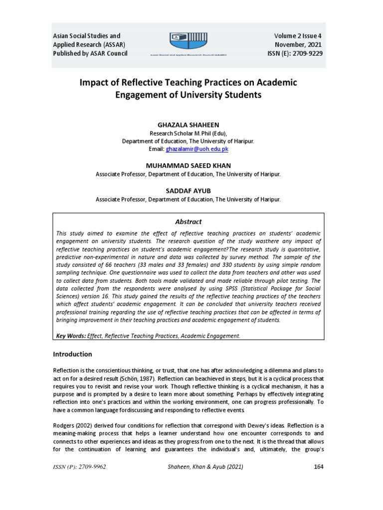 Impact of Reflective Teaching Practices On Academic Engagement of ...