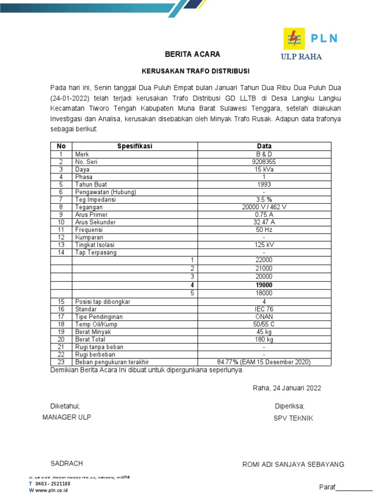 24 Januari 2022 - Ba Trafo Rusak LLTB - KP Tikep | PDF