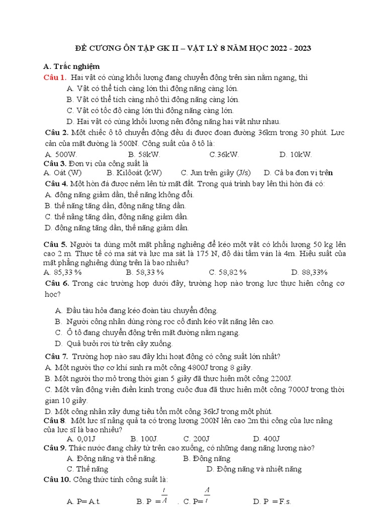 ĐỀ CƯƠNG ÔN TẬP VẬT LÝ 8 GIỮA HK 2 | PDF