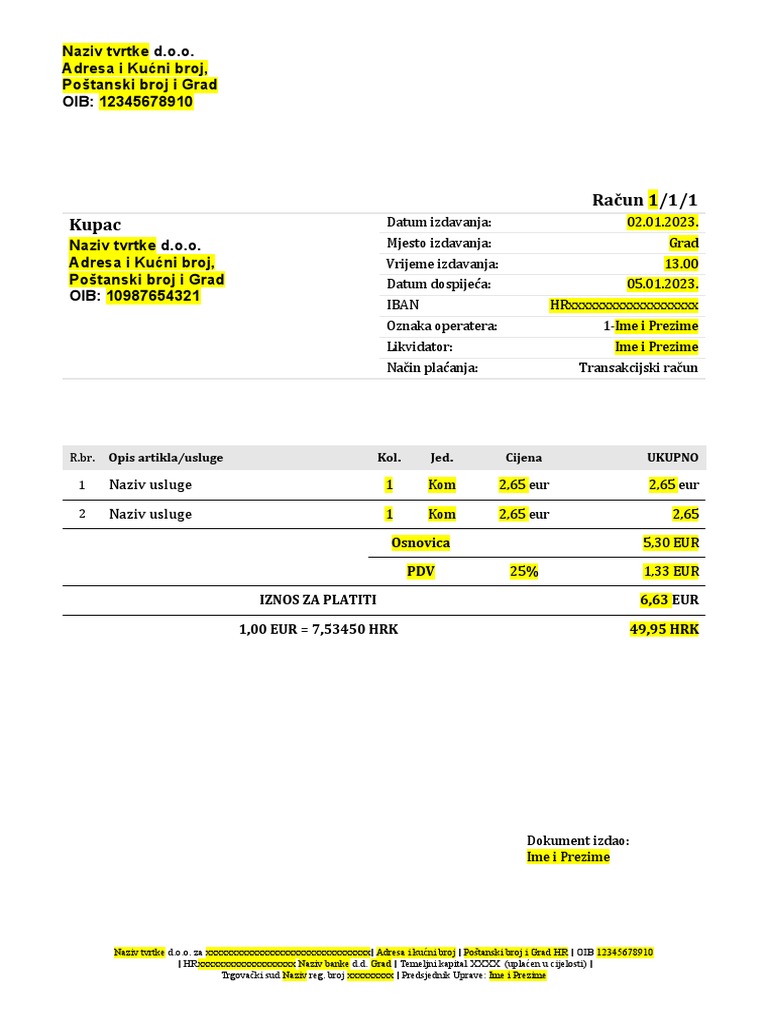 Racun Primjer Za Obveznika PDV A 2023 | PDF