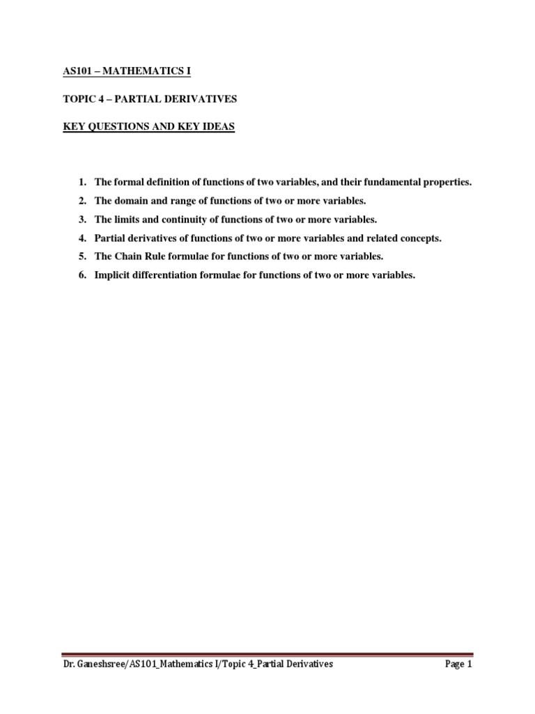 AS101 - Topic 4 - Partial Derivatives - Revised | PDF | Derivative | Function (Mathematics)