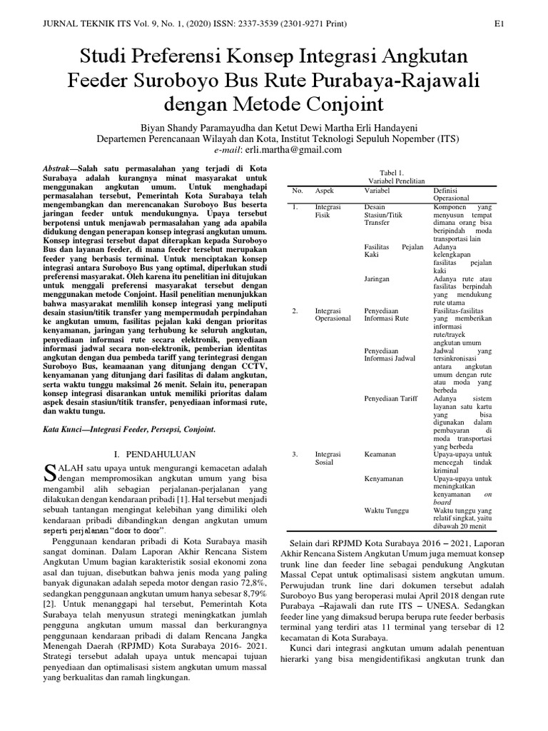 Studi Preferensi Konsep Integrasi Angkutan Feeder Suroboyo Bus Rute Purabaya-Rajawali Dengan ...