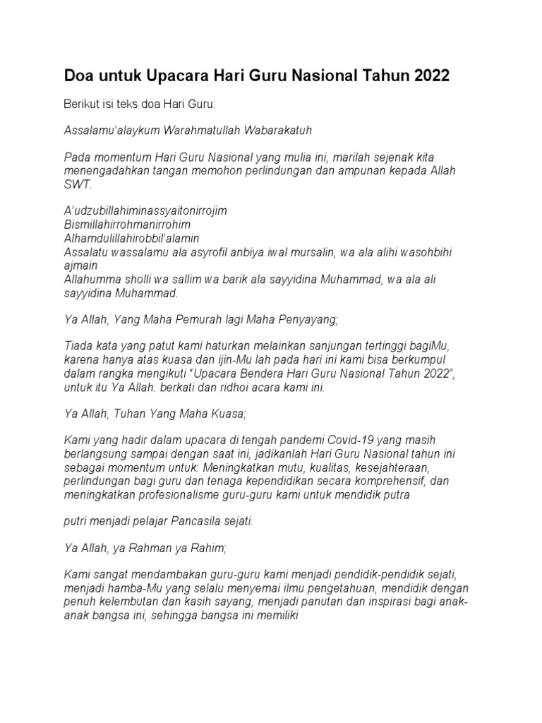 Doa Untuk Upacara Hari Guru Nasional Tahun 2022 | PDF