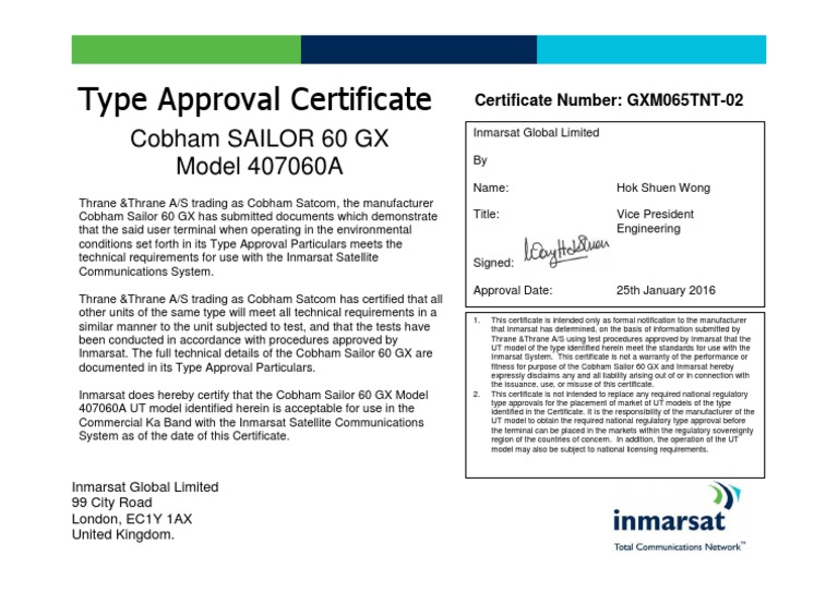 Sailor 60 GX Type Approval Certificate Inmarsat PDF | PDF