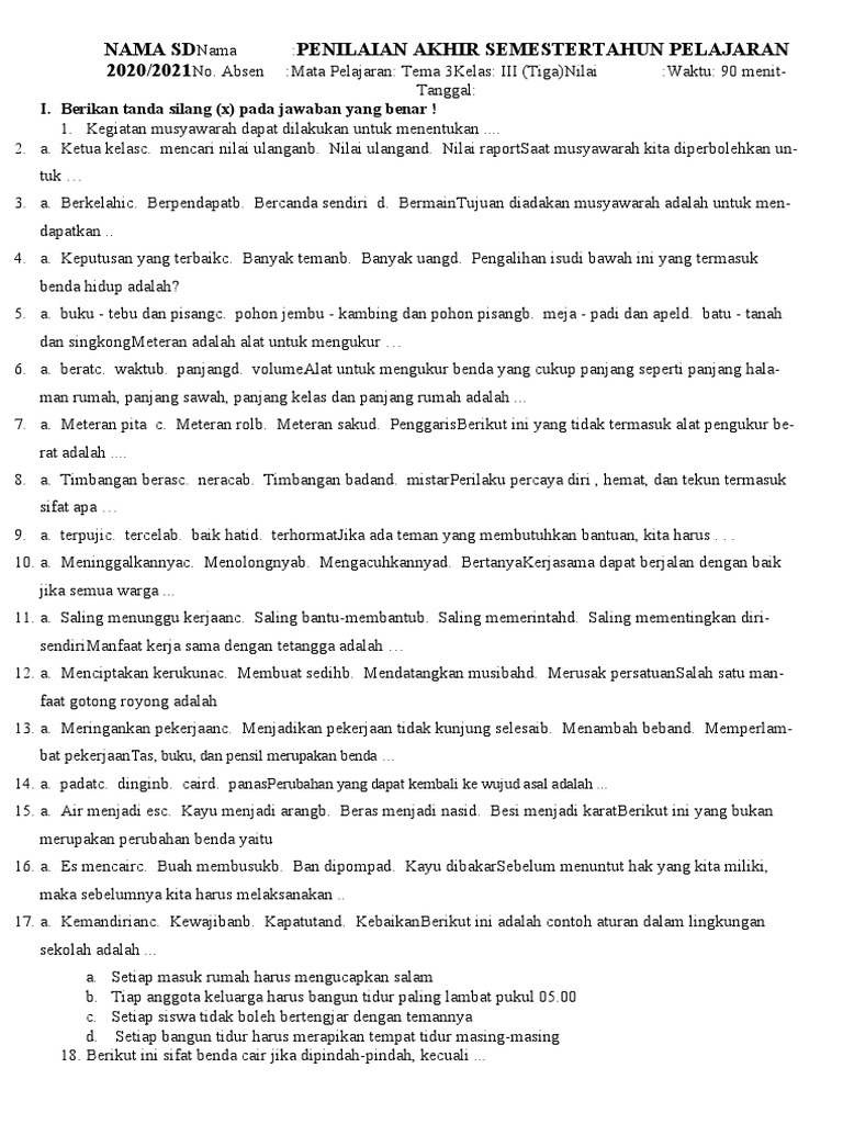 Soal PAS Tema 3 | PDF