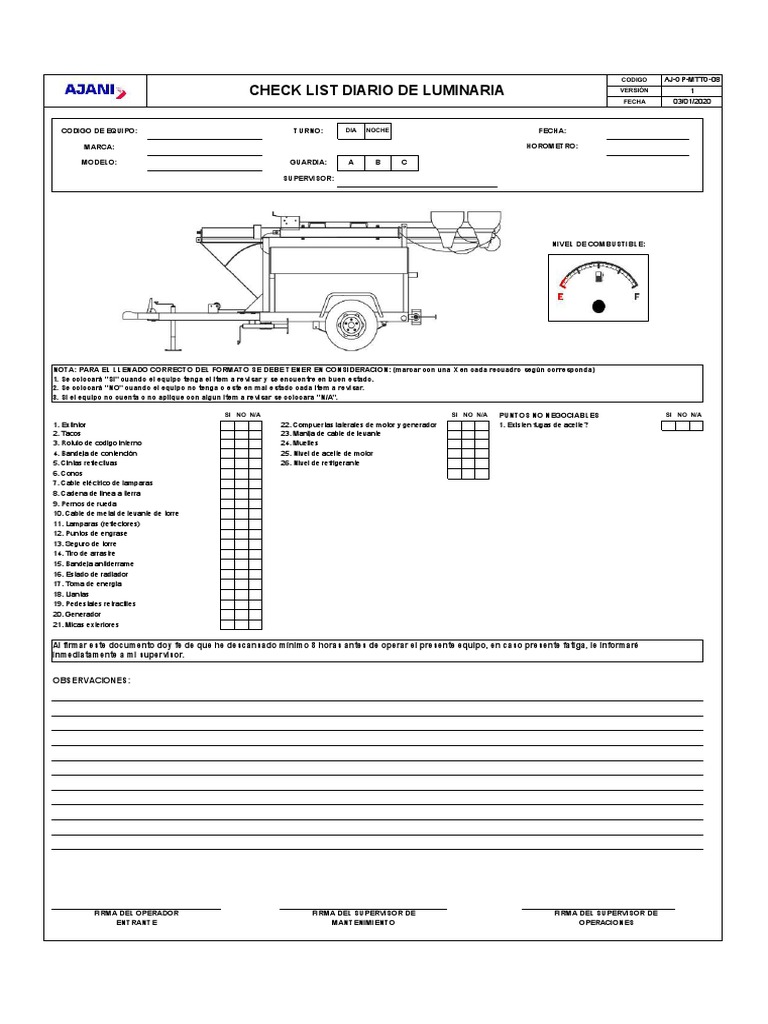 Check List Diario de Luminaria: Codigo Versión Fecha | PDF