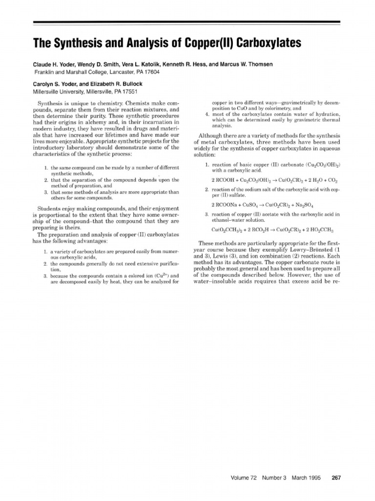 The Synthesis and Analysis of Copper (l1) Carboxylates | PDF | Acid ...