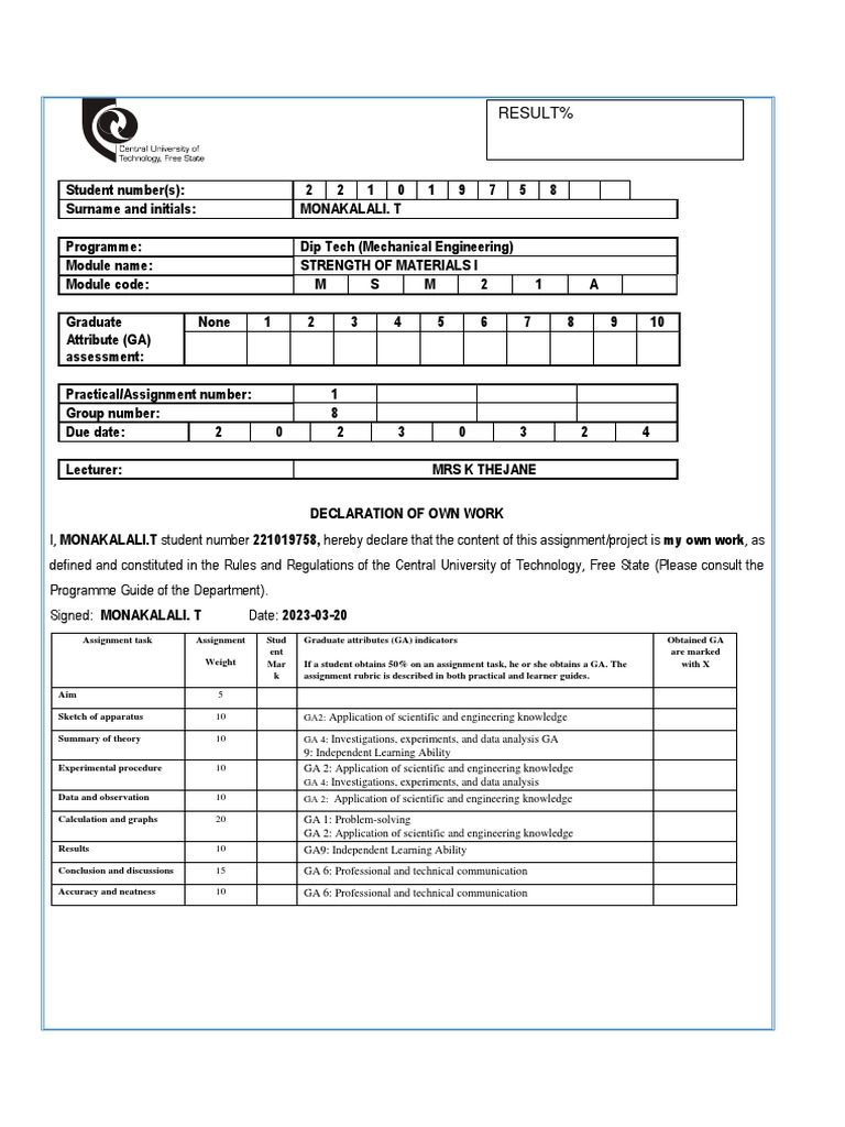 MSM Practical 1 - 221019758 | PDF | Deformation (Engineering) | Young's ...