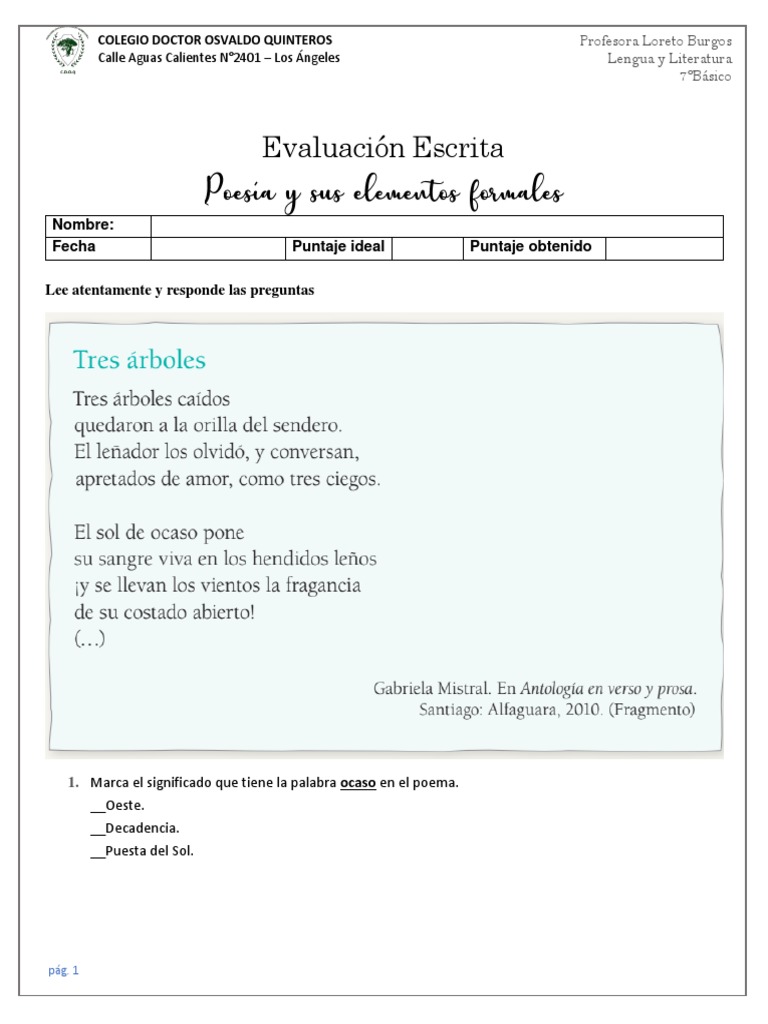 Evaluación Poesía: Elementos y Sentidos | PDF | Poesía