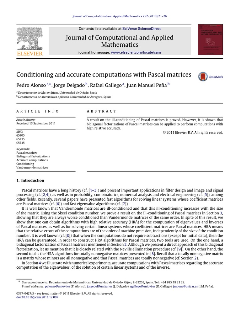Conditioning Pascal Matrices Math | PDF | Matrix (Mathematics) | Eigenvalues And Eigenvectors