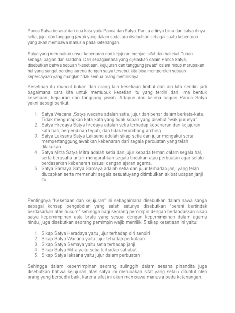 Panca Satya Berasal Dari Dua Kata Yaitu Panca Dan Satya | PDF | Gaya Hidup
