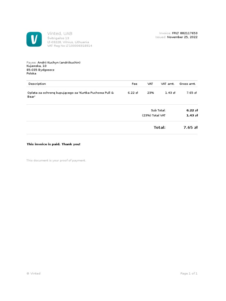 Vinted, UAB: Švitrigailos 13 LT-03228, Vilnius, Lithuania VAT Reg No ...