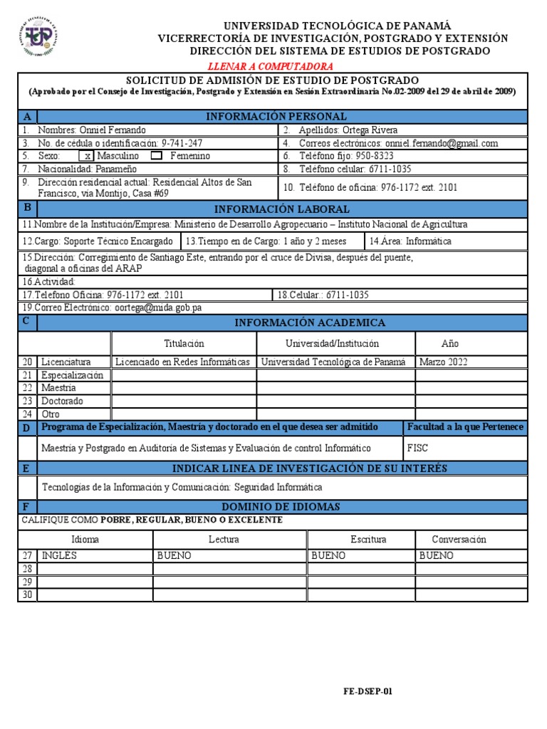 Formulario de Solicitud Maestria | PDF | Panamá