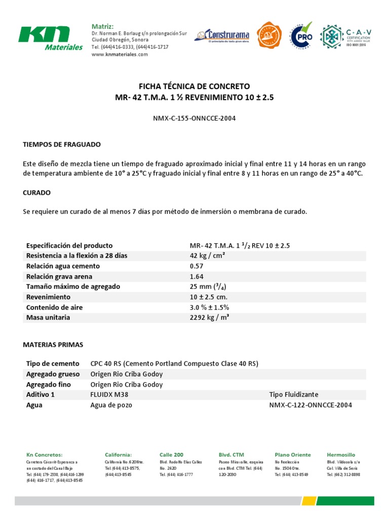Ficha Técnica de Concreto MR-42 T.M.A. 1 REVENIMIENTO 10 2.5 | PDF ...