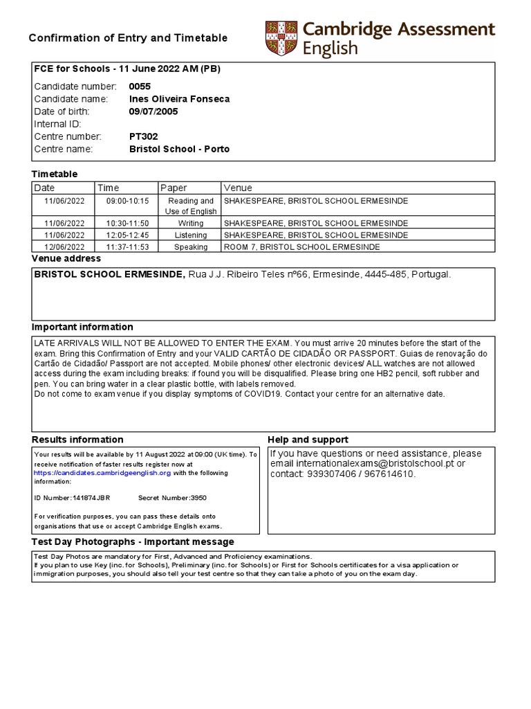 Confirmation of Entry and Timetable | PDF