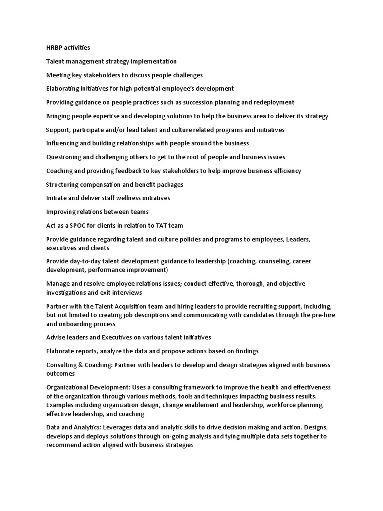 Hrbp Activities Pdf Leadership Consultant