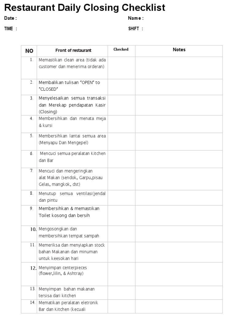 Daily Closing Checklist | PDF