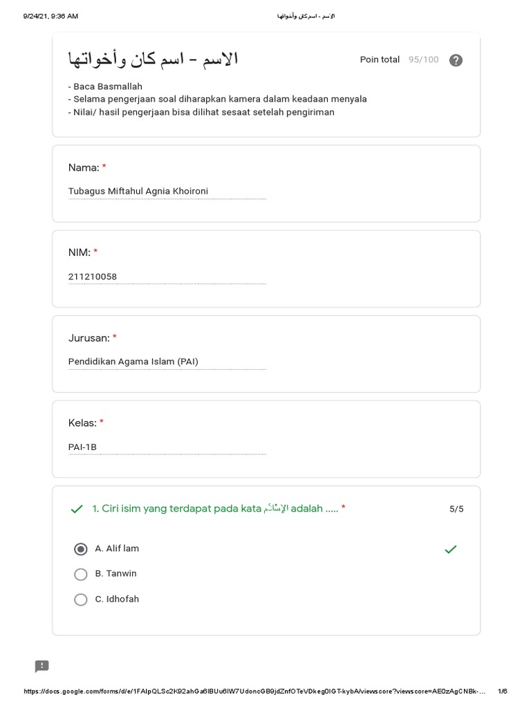 Latihan Soal (Isim - Isim Kana Wa Akhwatuha) | PDF
