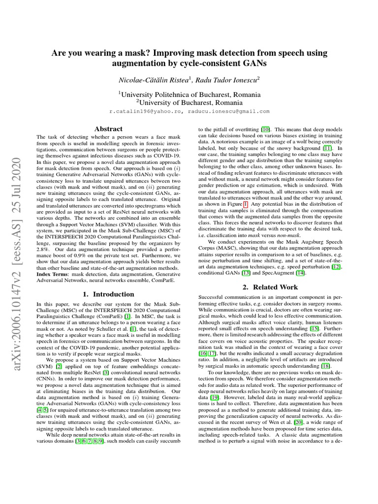 Are You Wearing A Mask? Improving Mask Detection From Speech Using Augmentation by Cycle ...