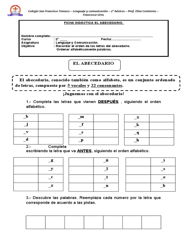 Explorando el abecedario: una actividad lúdica para reforzar el orden ...