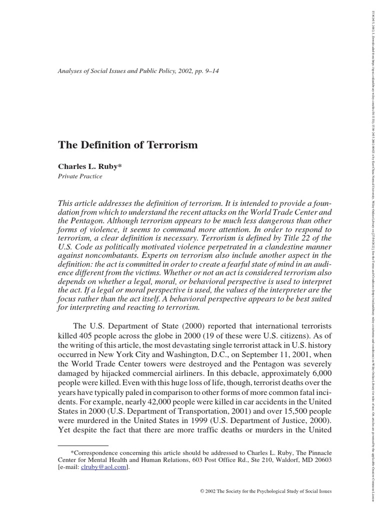 Anal Soc Iss Public Policy - 2003 - Ruby - The Definition of Terrorism | PDF | Violence ...